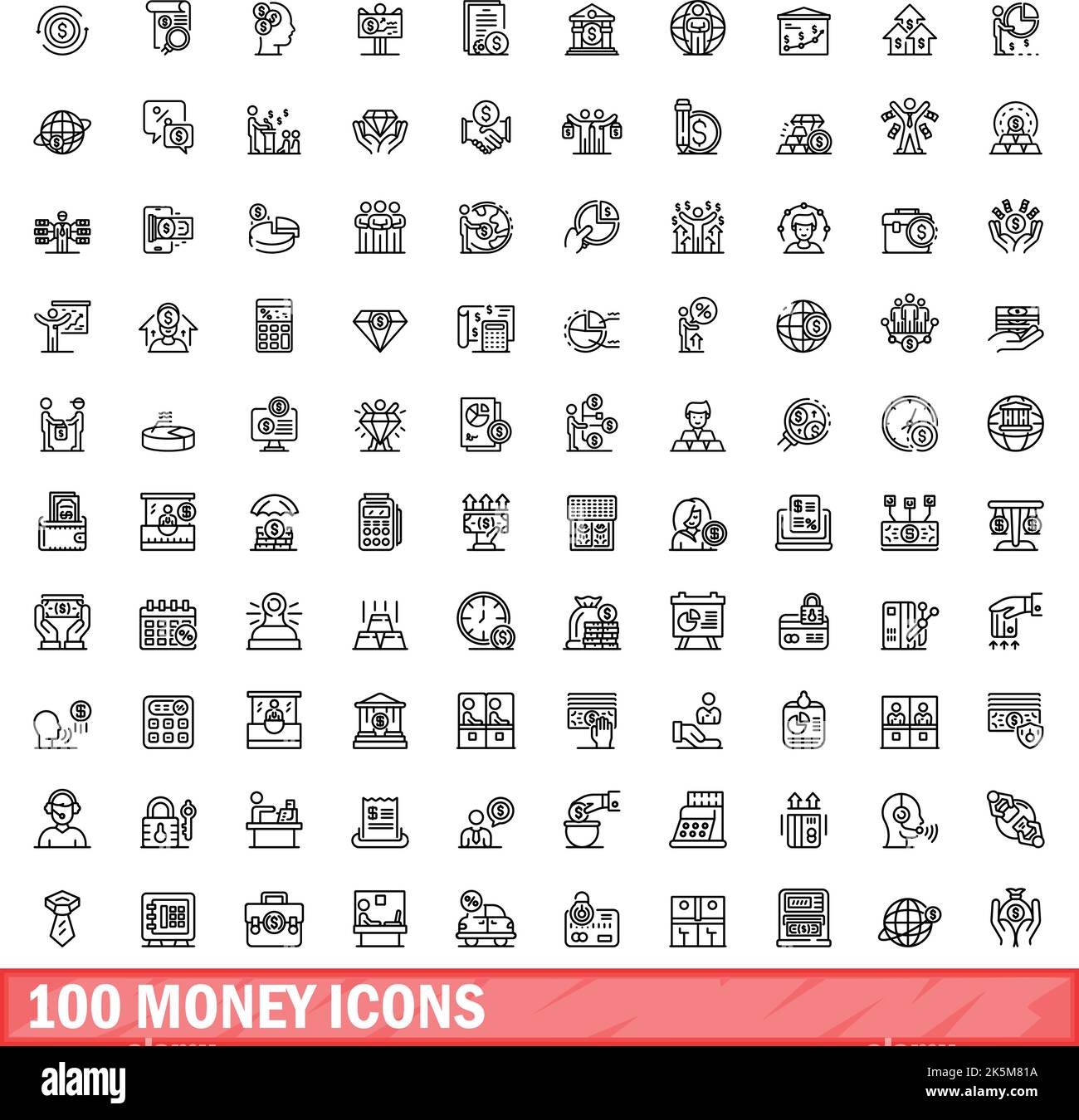 100 money icons set. Outline illustration of 100 money icons vector set ...