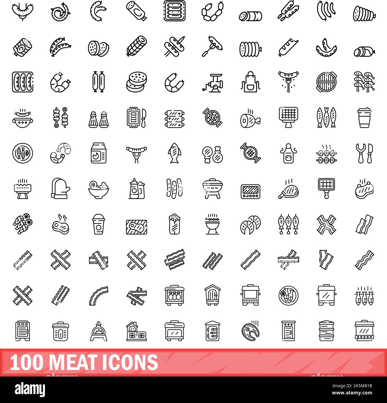 100 meat icons set. Outline illustration of 100 meat icons vector set ...