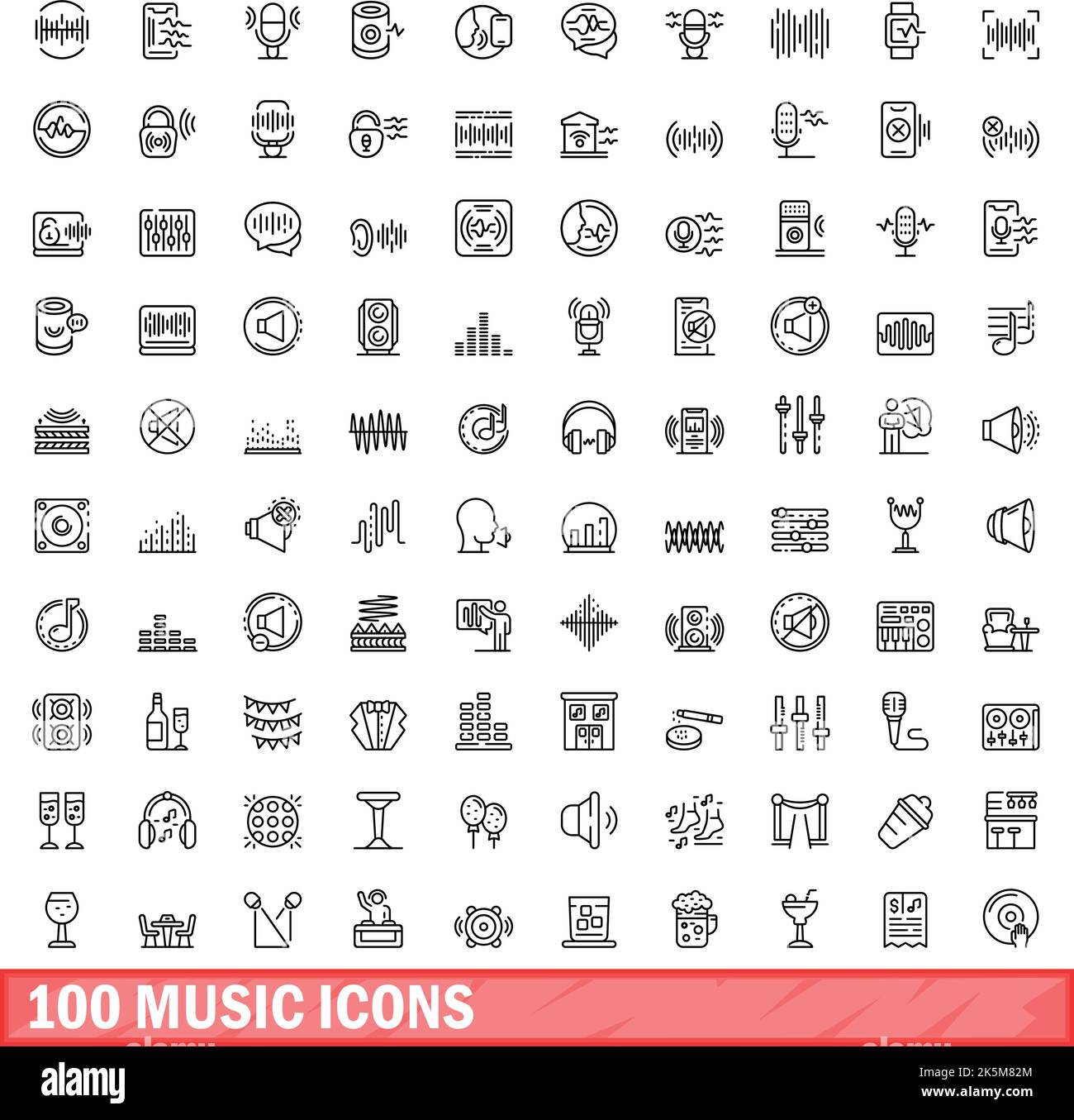 100 music icons set. Outline illustration of 100 music icons vector set ...
