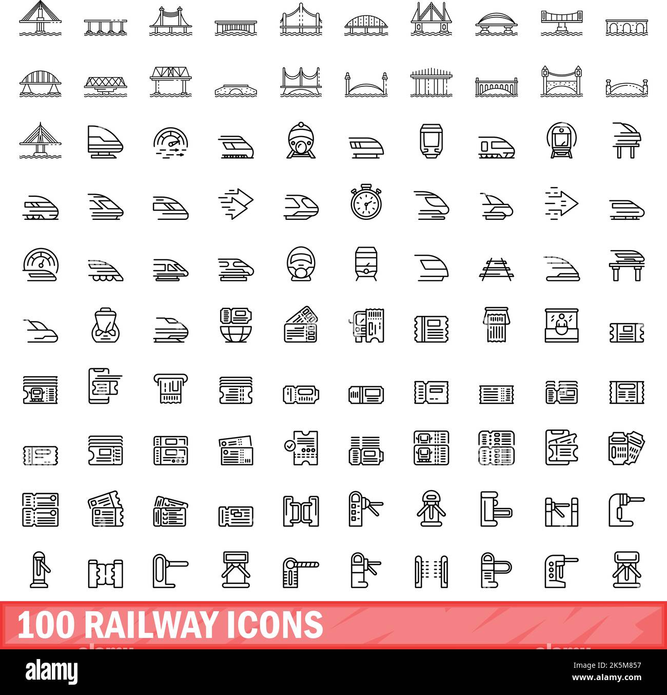 100 railway icons set. Outline illustration of 100 railway icons vector ...