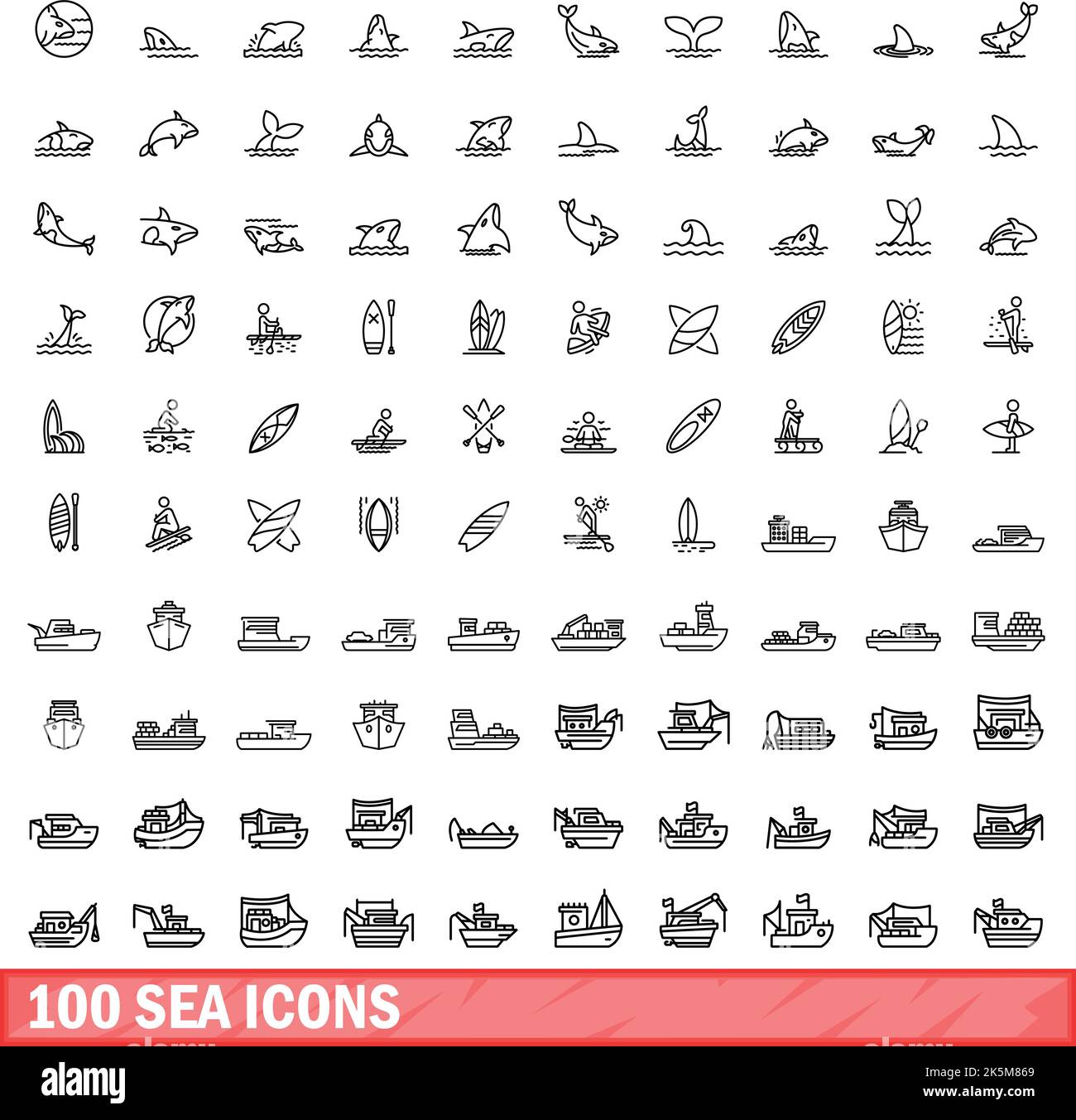 100 sea icons set. Outline illustration of 100 sea icons vector set ...
