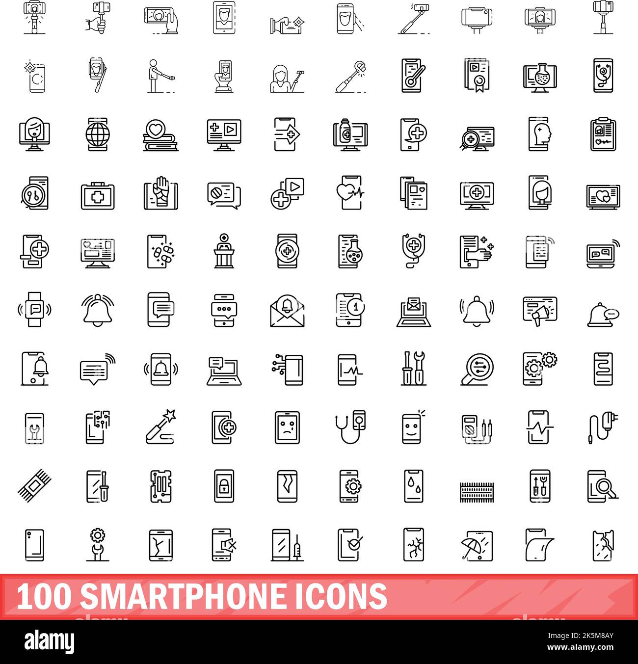 100 smartphone icons set. Outline illustration of 100 smartphone icons ...