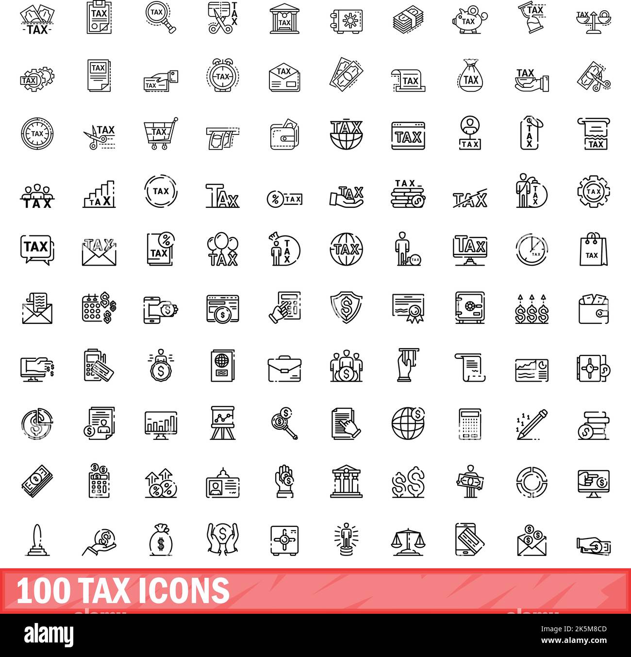 100 tax icons set. Outline illustration of 100 tax icons vector set isolated on white background ...
