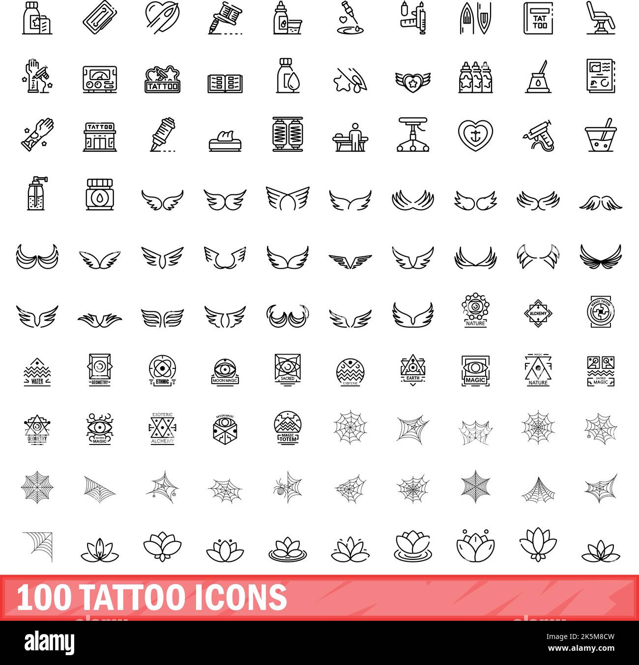 100 tattoo icons set. Outline illustration of 100 tattoo icons vector ...