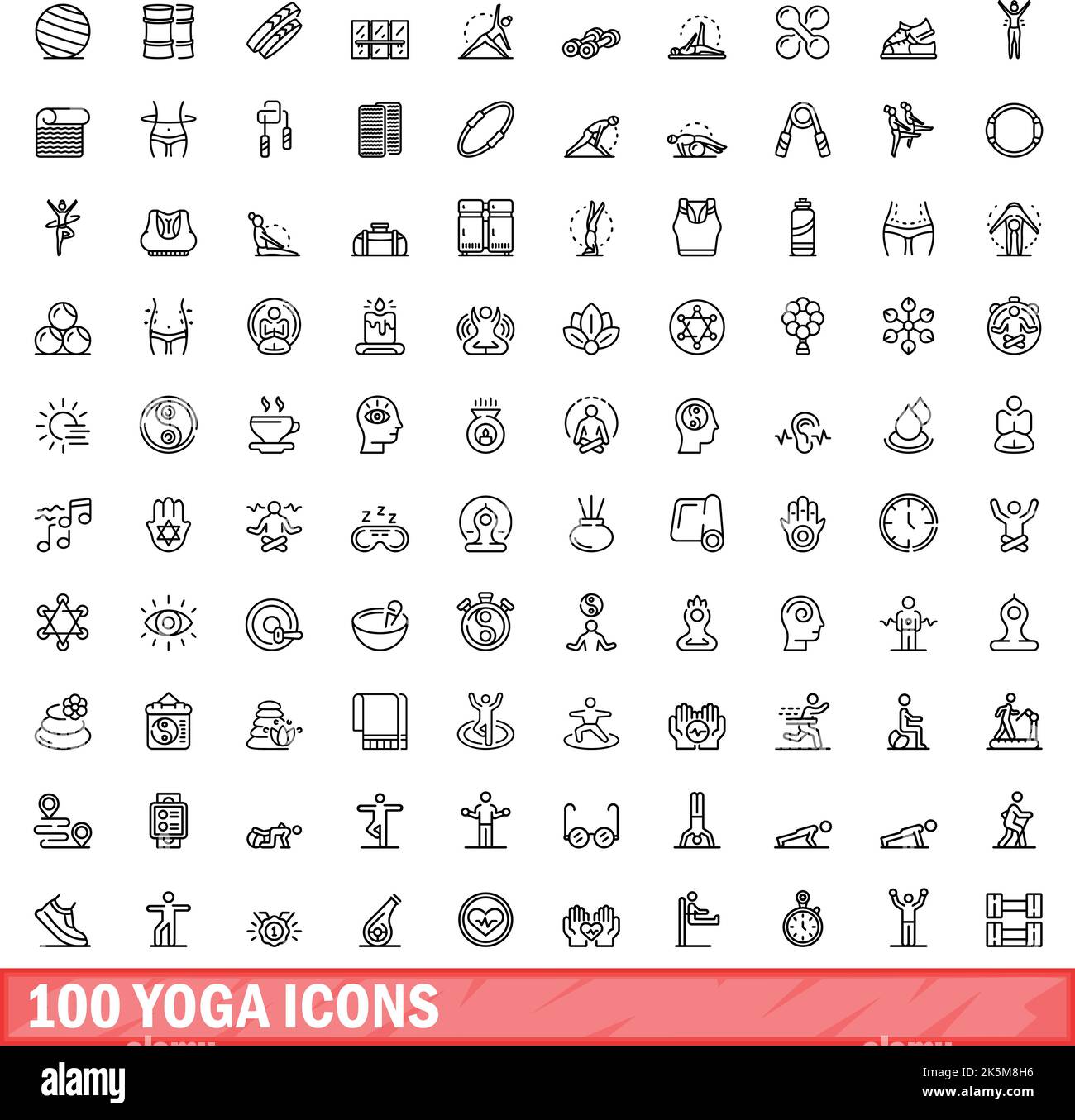100 yoga icons set. Outline illustration of 100 yoga icons vector set ...
