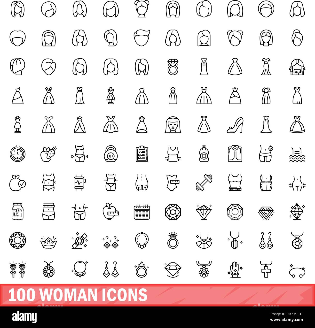 100 woman icons set. Outline illustration of 100 woman icons vector set ...