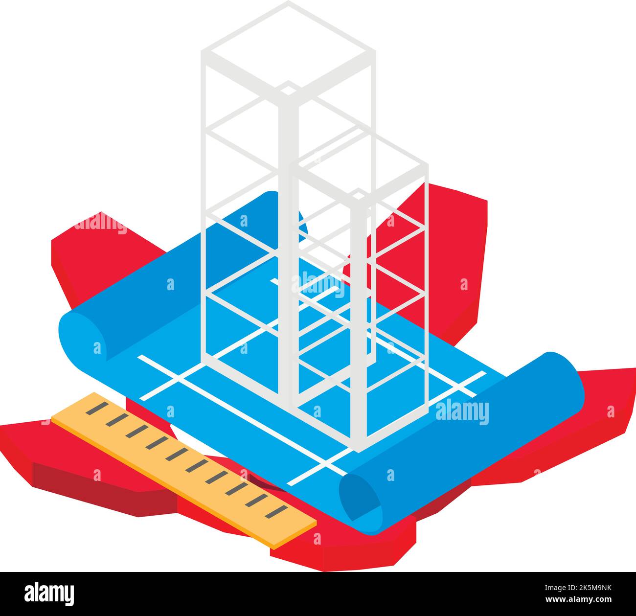 Building project icon isometric vector. Building structure and red ...