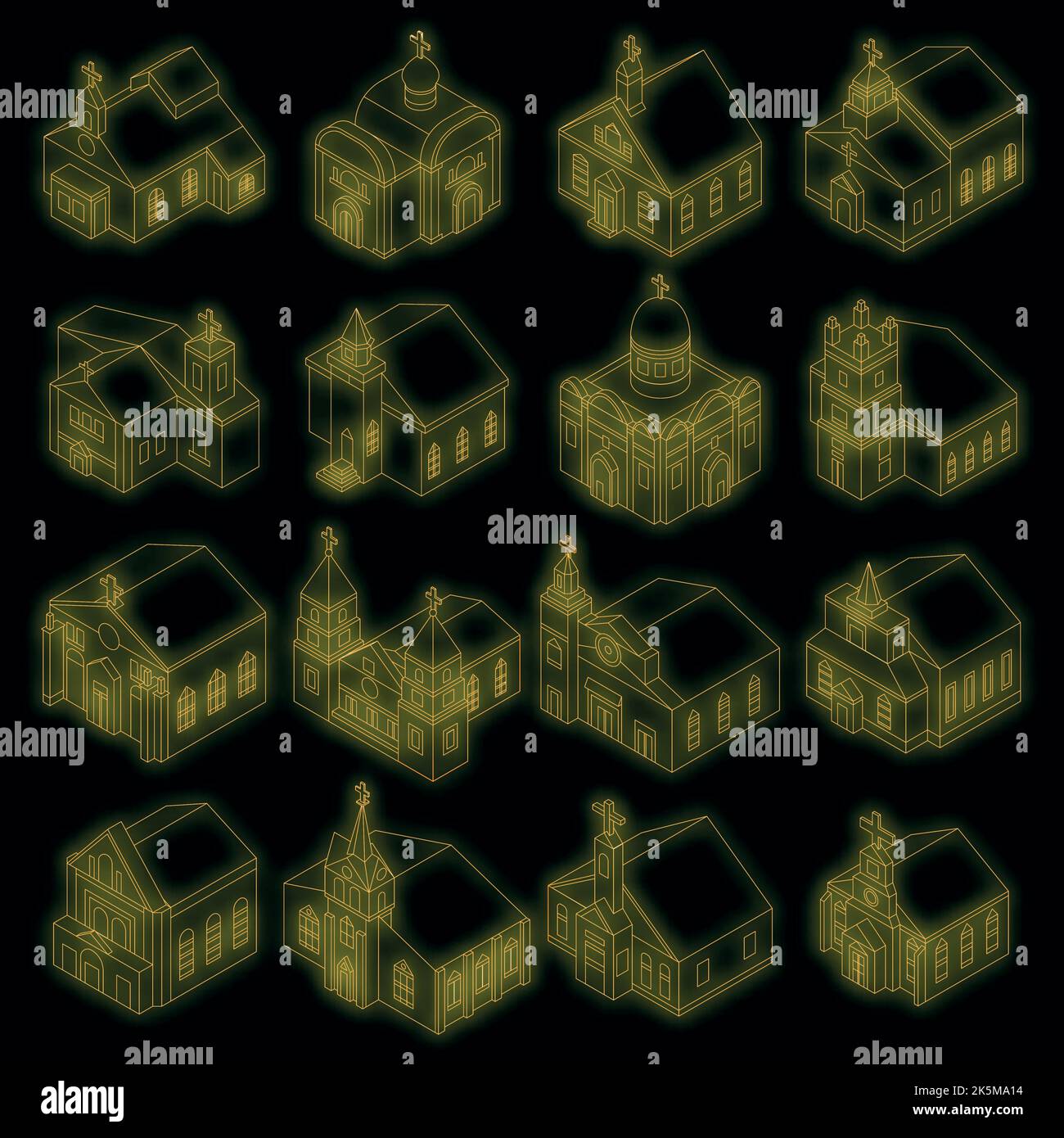 Church icon set. Isometric set of church vector icons neon color on ...