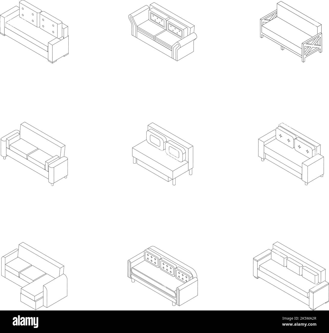 Sofa icon set. Isometric set of sofa vector icons outline thin lne ...