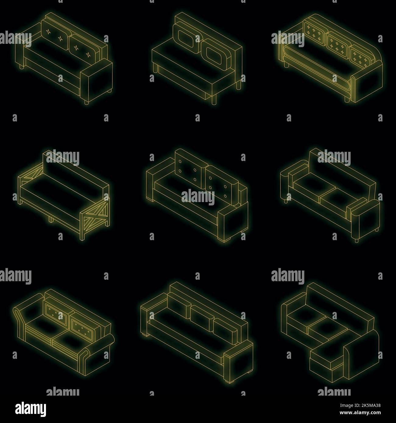 Sofa icon set. Isometric set of sofa vector icons neon color on black ...