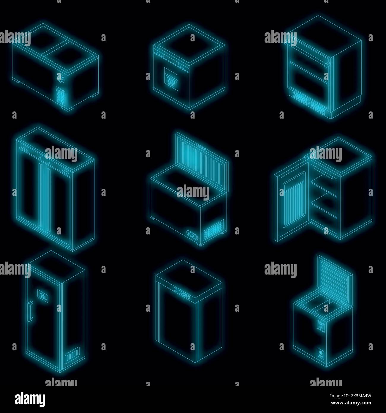 Freezer icon set. Isometric set of freezer vector icons neon color on ...
