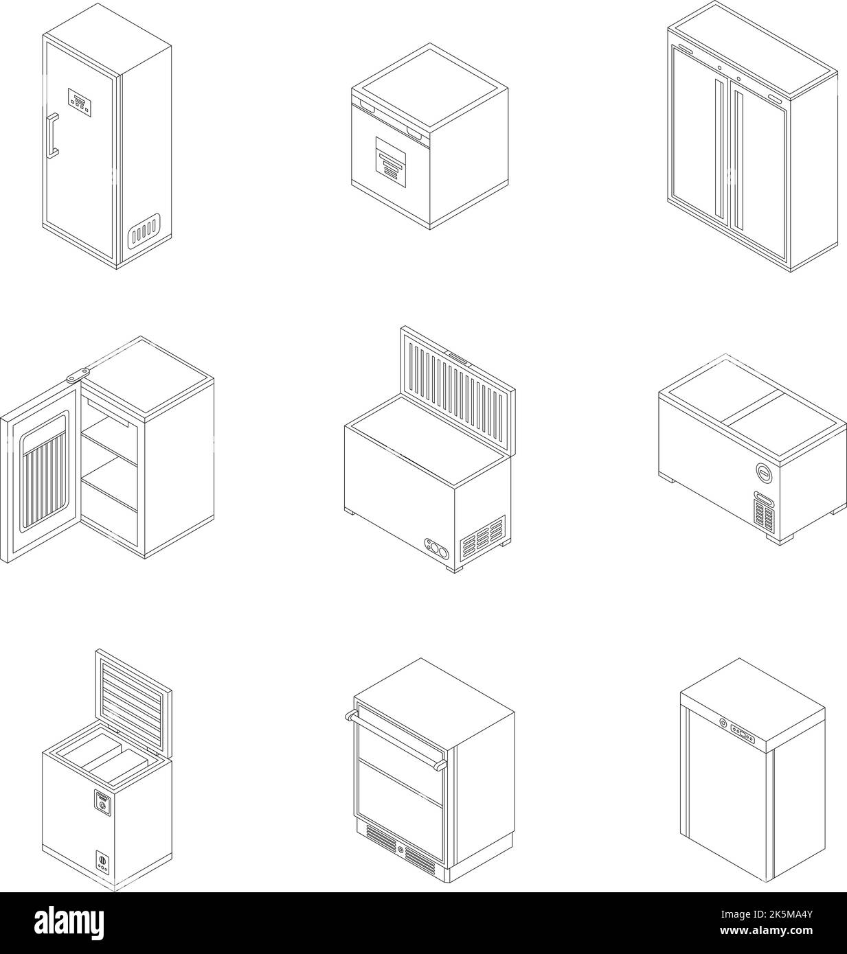 Freezer icon set. Isometric set of freezer vector icons outline thin ...
