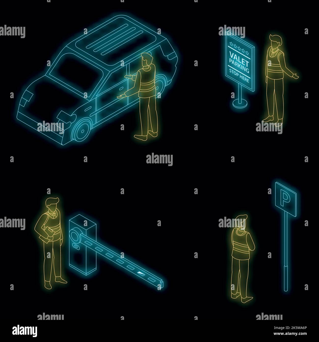 Valet icon set. Isometric set of valet vector icons neon color on black ...