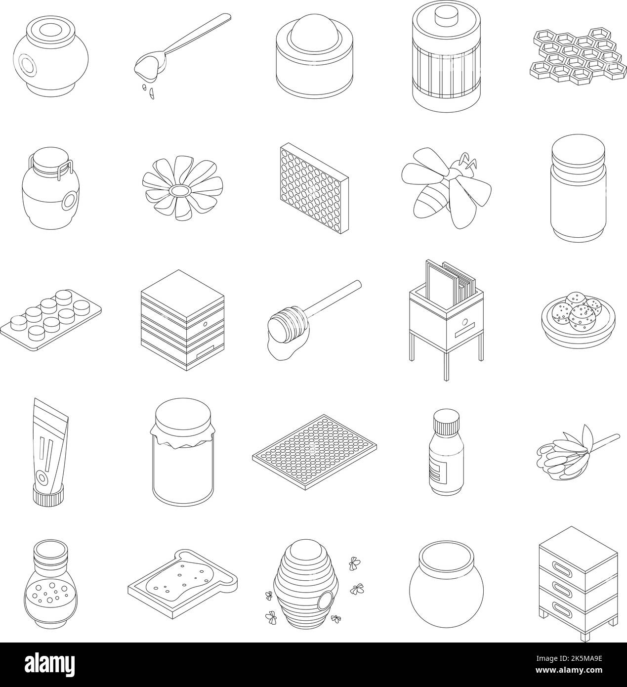 Apiary icon set. Isometric set of apiary vector icons outline thin lne ... Apiary icon set. Isometric set of apiary vector icons outline thin lne ...