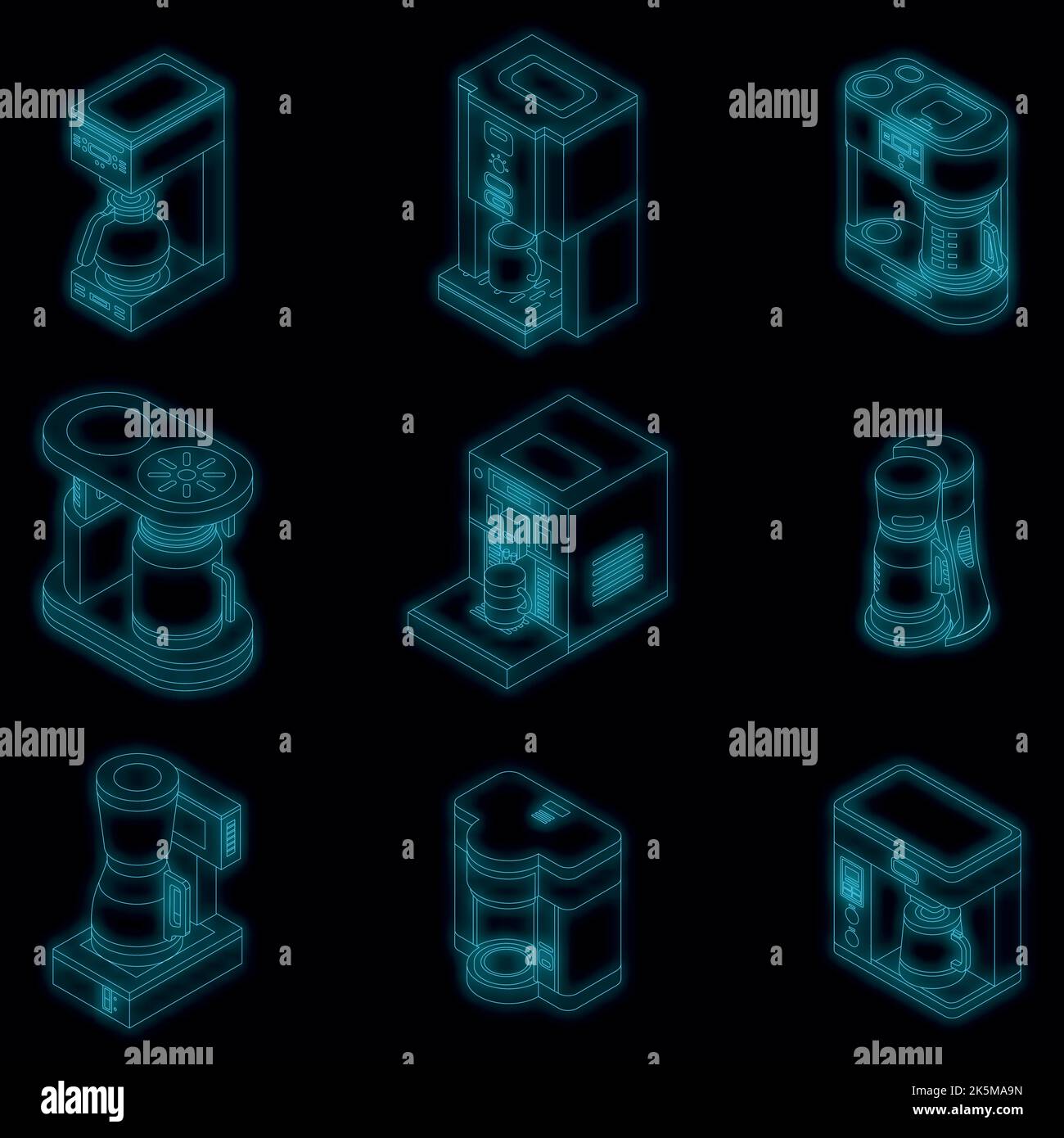Coffee maker icon set. Isometric set of coffee maker vector icons neon ...