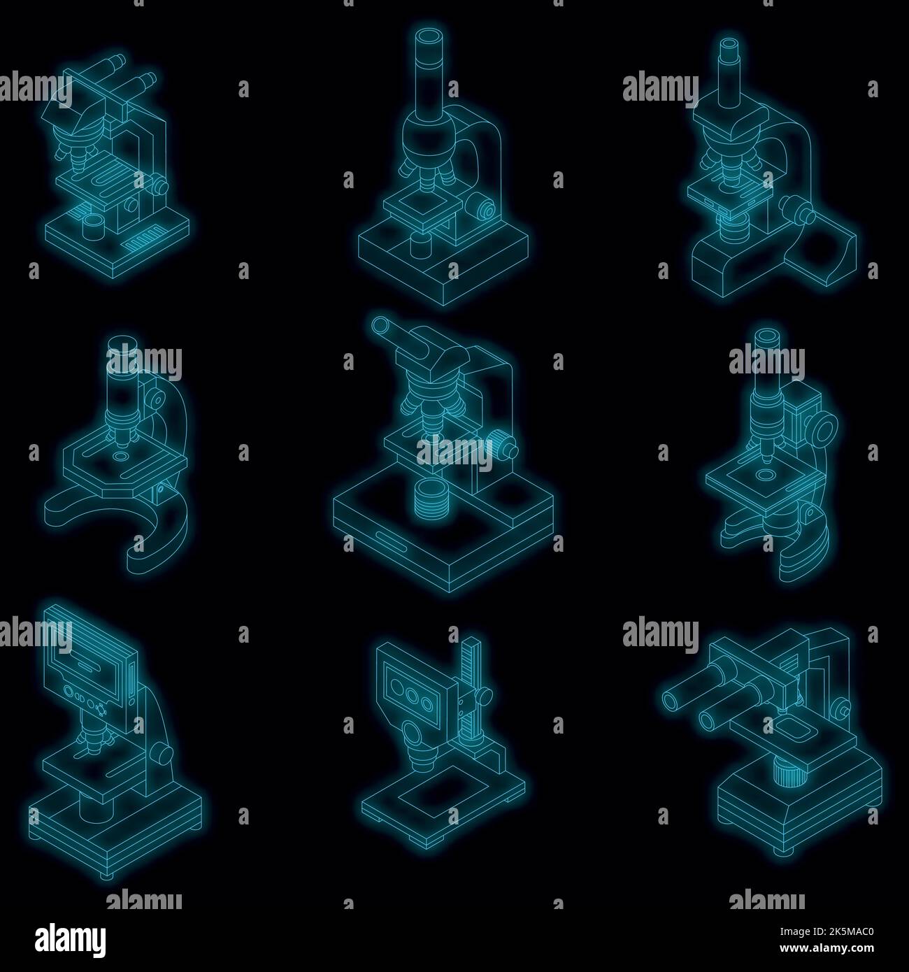 Microscope icon set. Isometric set of microscope vector icons neon ...