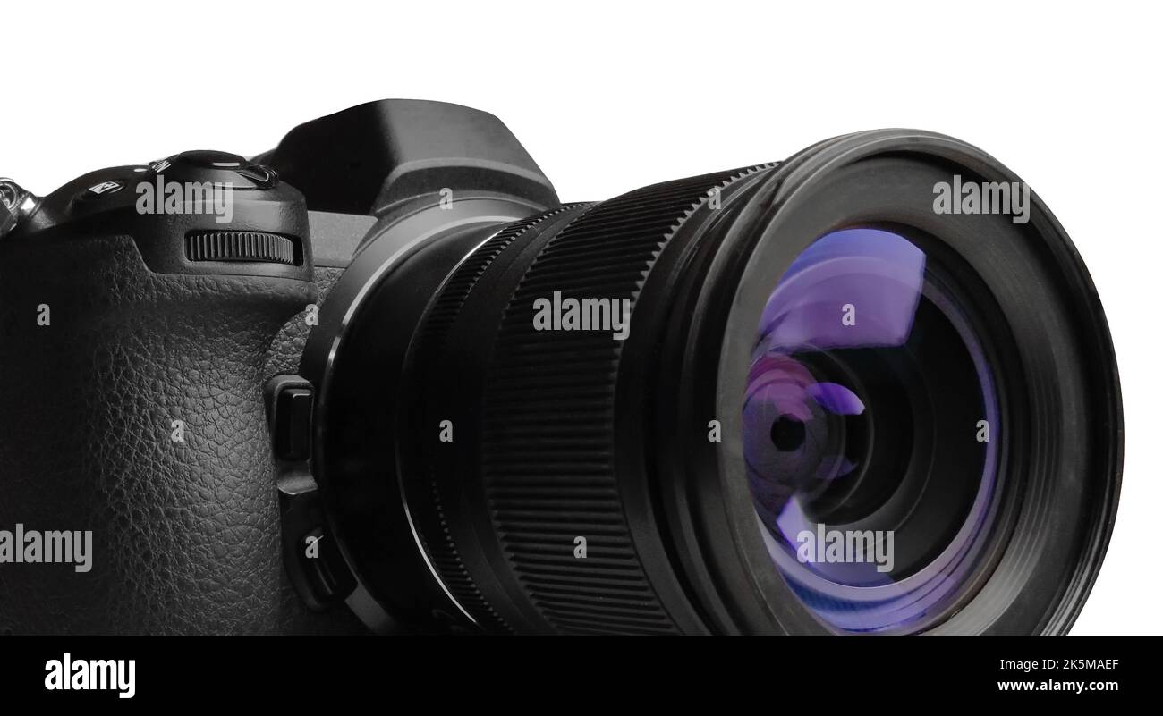 Mirrorless photo camera with zoom lens on white background Stock Photo ...
