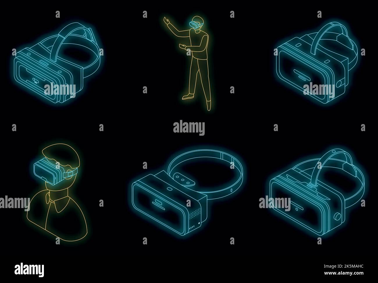 Game goggles icons set. Isometric set of game goggles vector icons neon ...