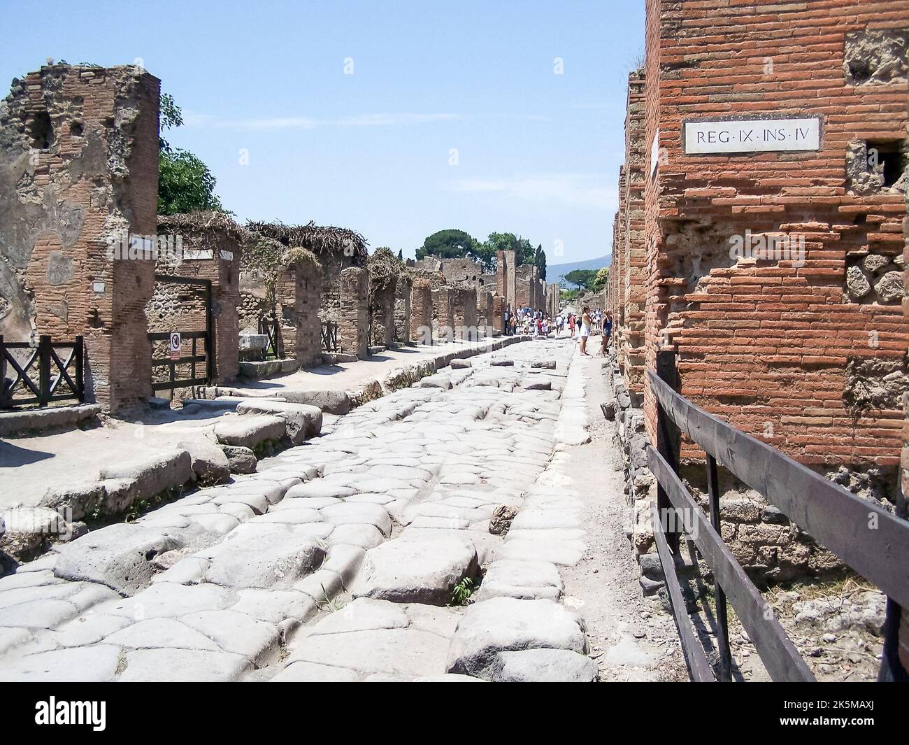 Stone paved road and footpath, with stepping stones to cross the road avoiding excrement and ...