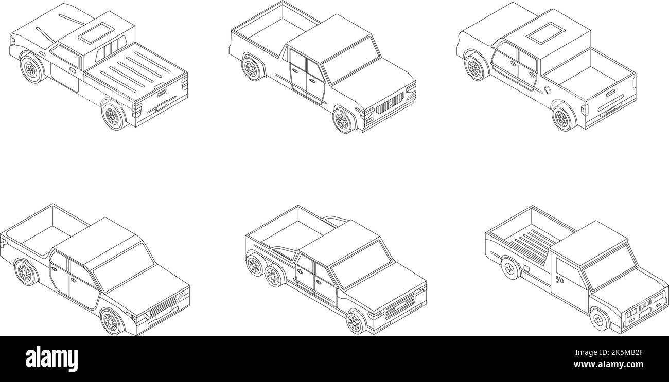Pickup icons set. Isometric set of pickup vector icons outline thin lne ...