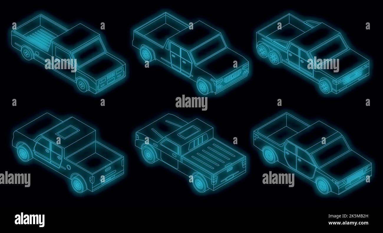 Pickup icons set. Isometric set of pickup vector icons neon color on ...