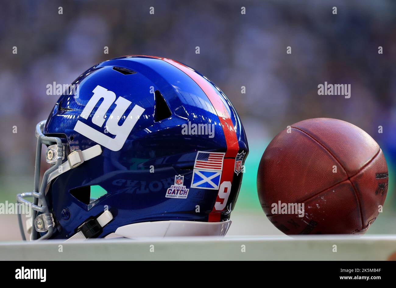 A general view of a New York Giants helmet and NFL Wilson branded match ...