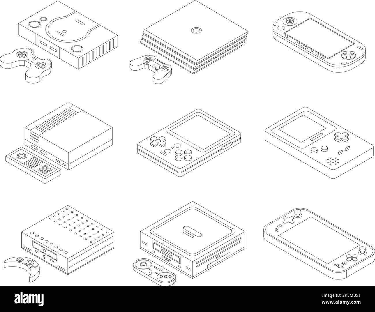 Console icons set. Isometric set of console vector icons outline thin lne isolated on white ...