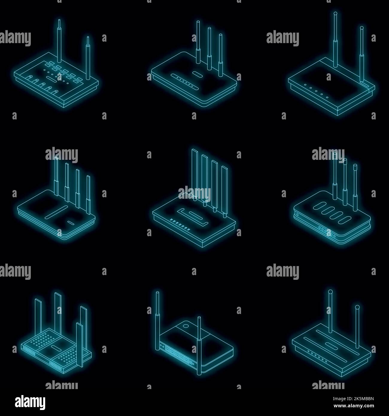 Router icons set. Isometric set of router vector icons neon color on ...