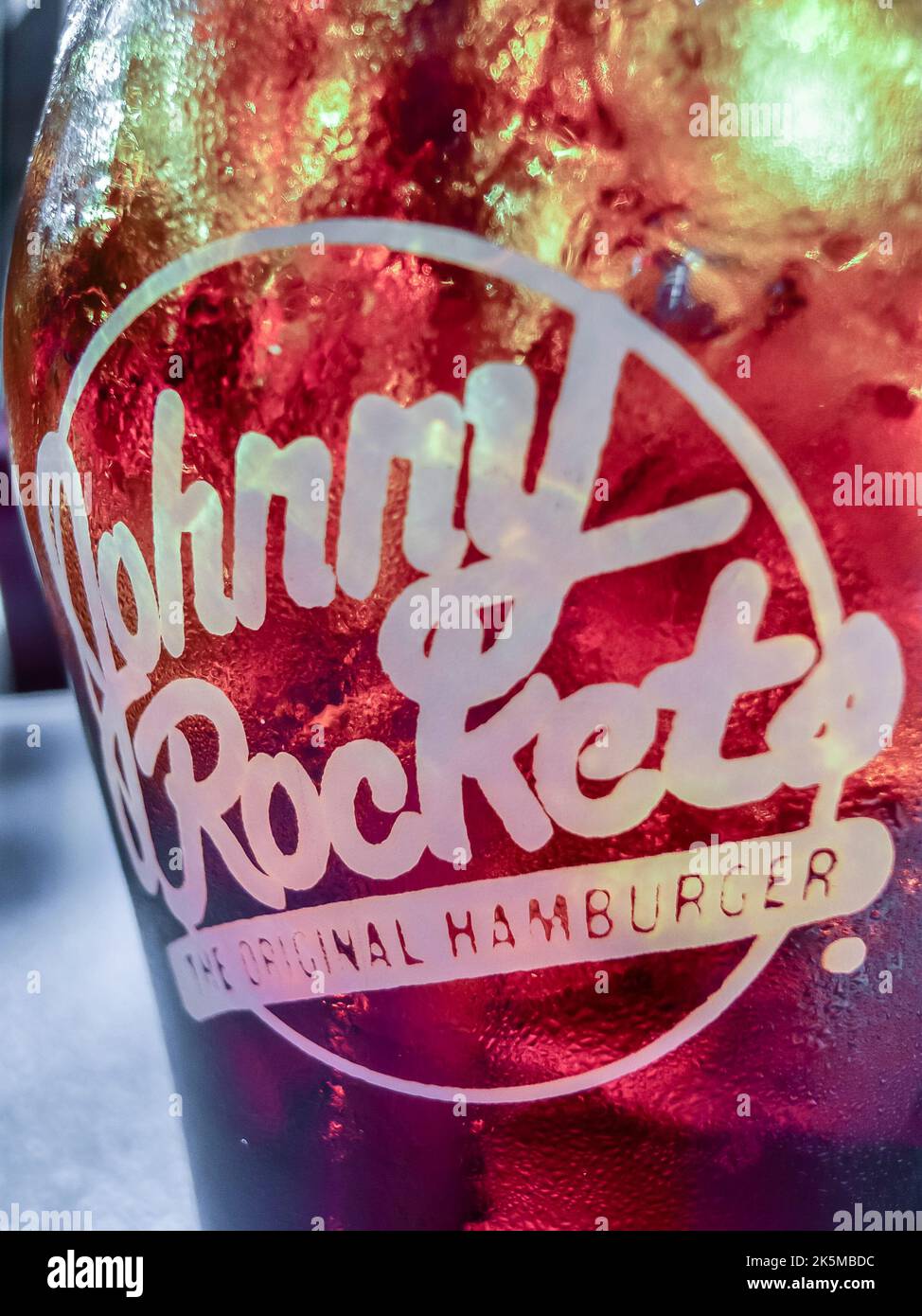 Logo on the side of a glass at a branch of Johnny Rockets restaurant ...