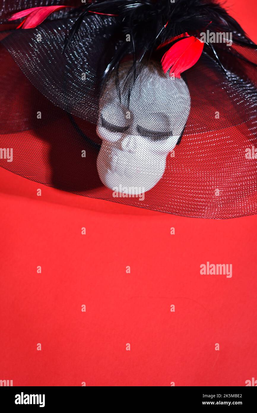 Cheerful Human skull with eyelashes on a red background Stock Photo - Alamy
