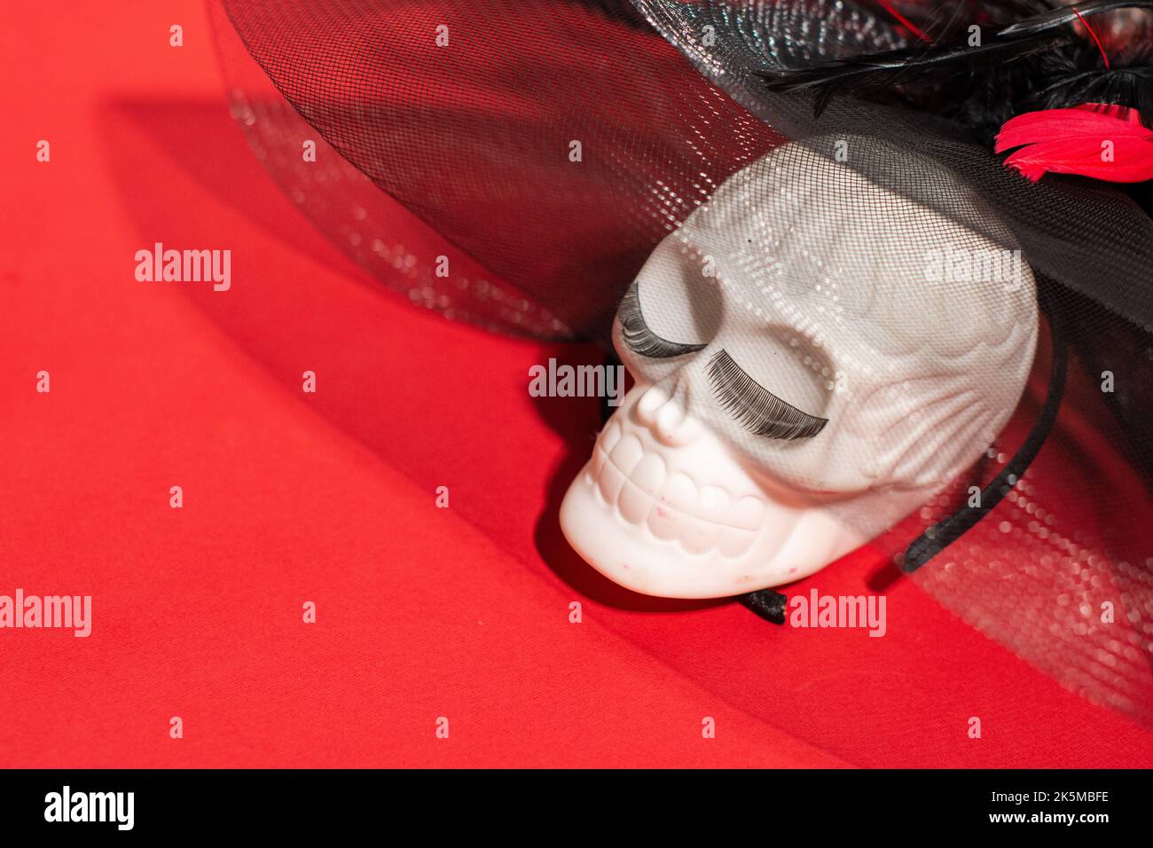 Cheerful Human skull with eyelashes on a red background Stock Photo - Alamy