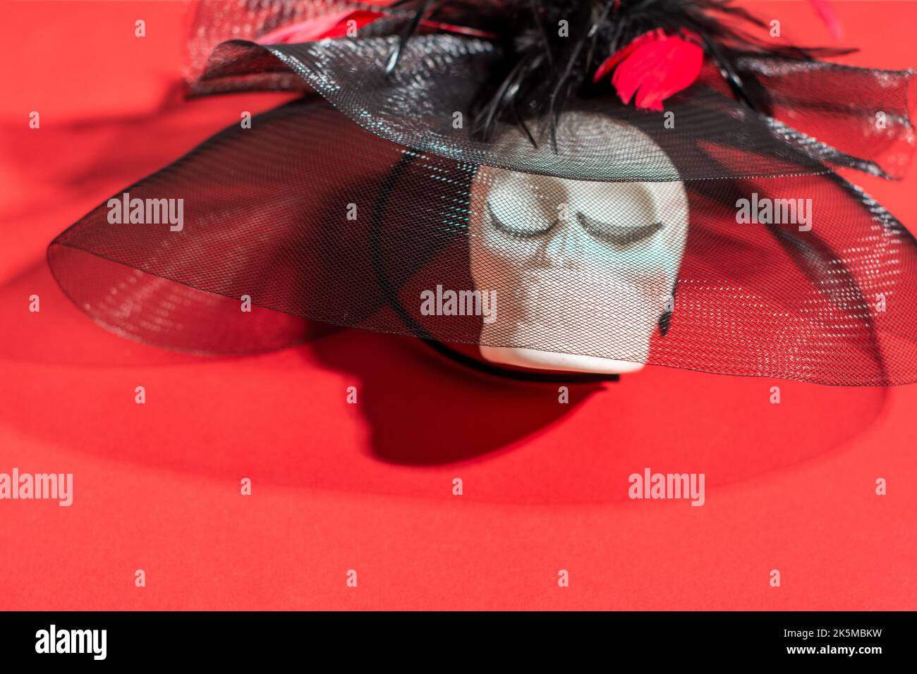 Cheerful Human skull with eyelashes on a red background Stock Photo - Alamy