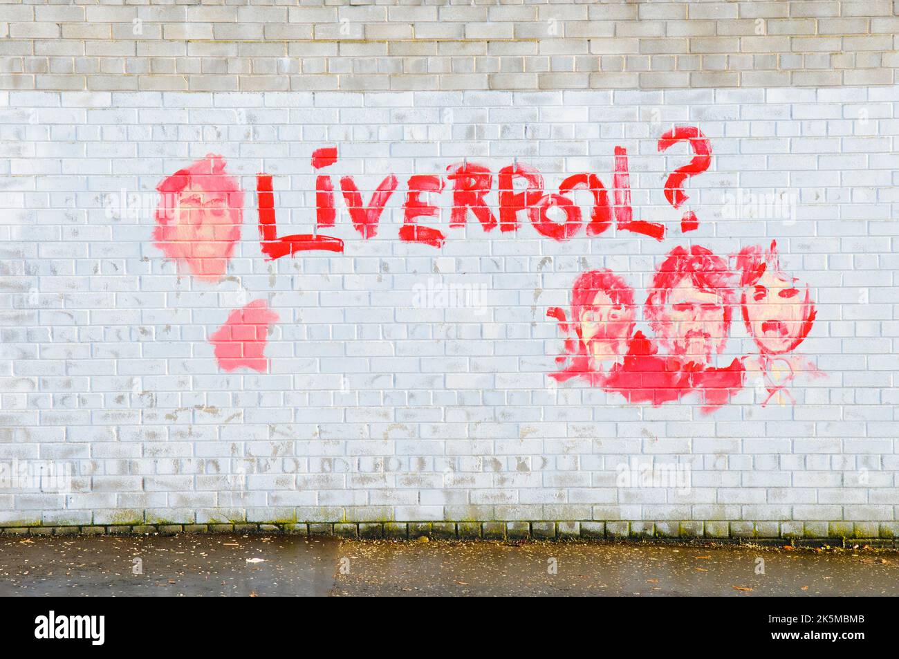 Mural on a wall with crude images of the Beatles and the word "Liverpool?", Belfast, Northern ...