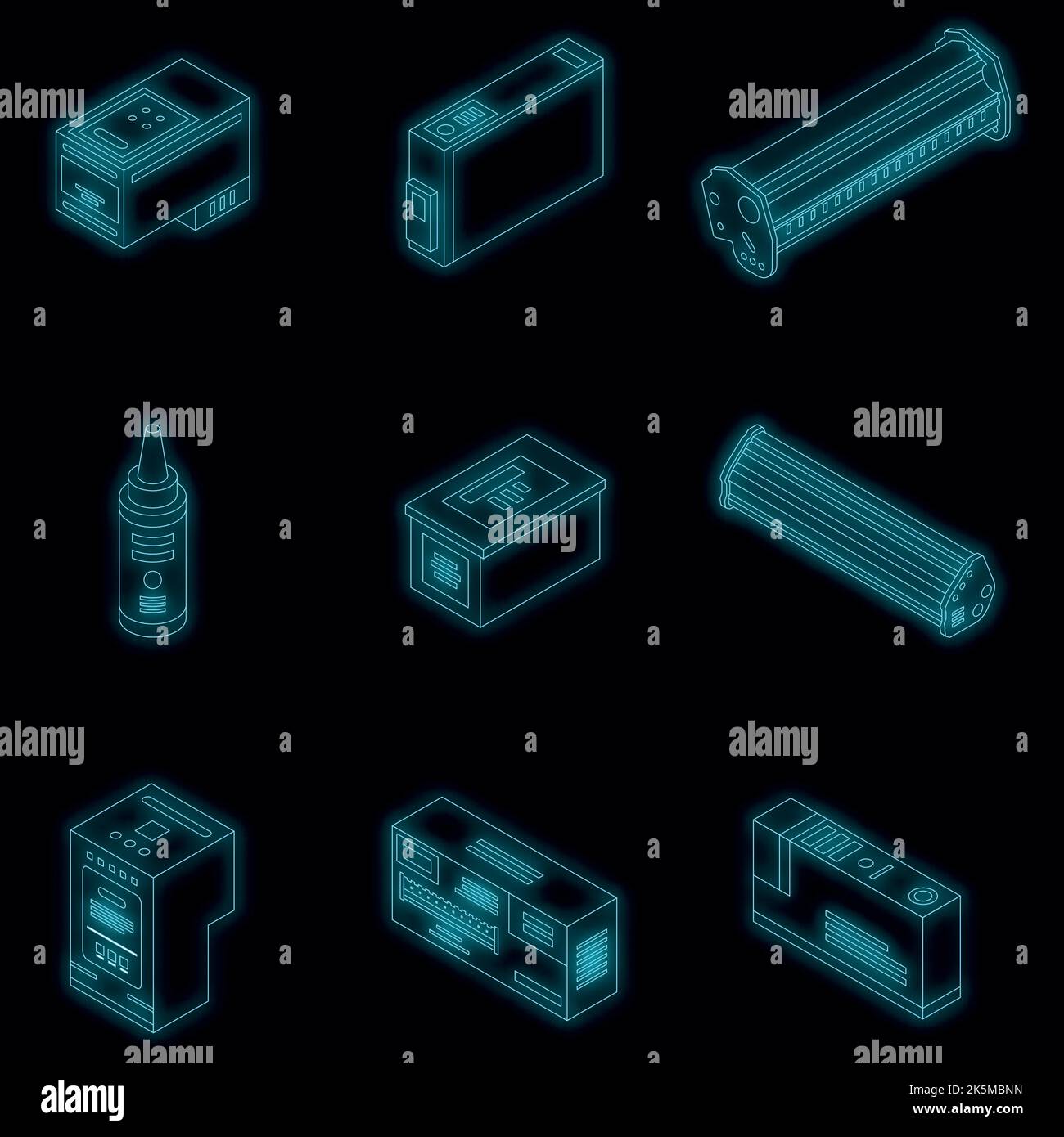 Cartridge icons set. Isometric set of cartridge vector icons neon color on black Stock Vector ...