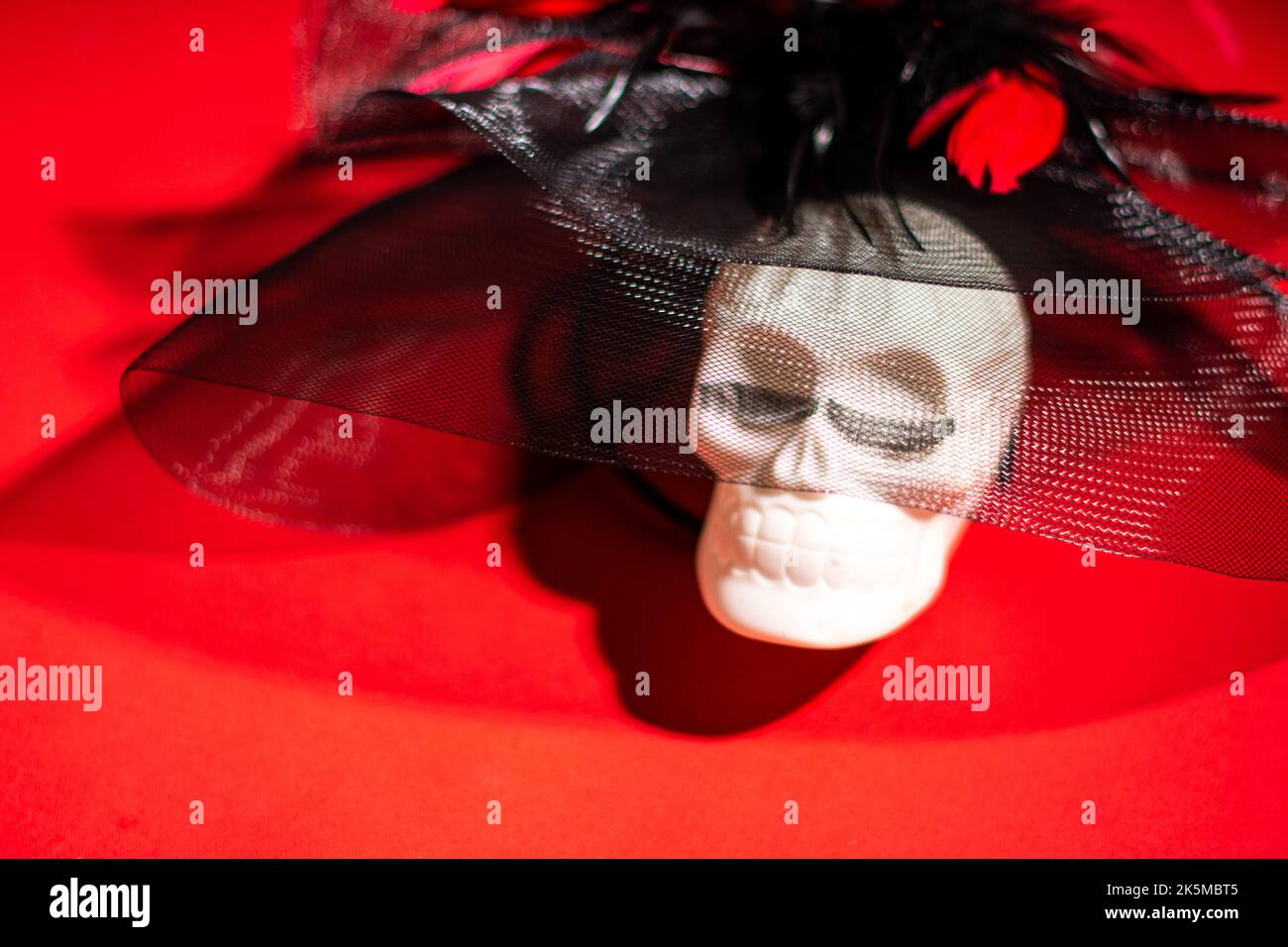 Cheerful Human skull with eyelashes on a red background Stock Photo - Alamy