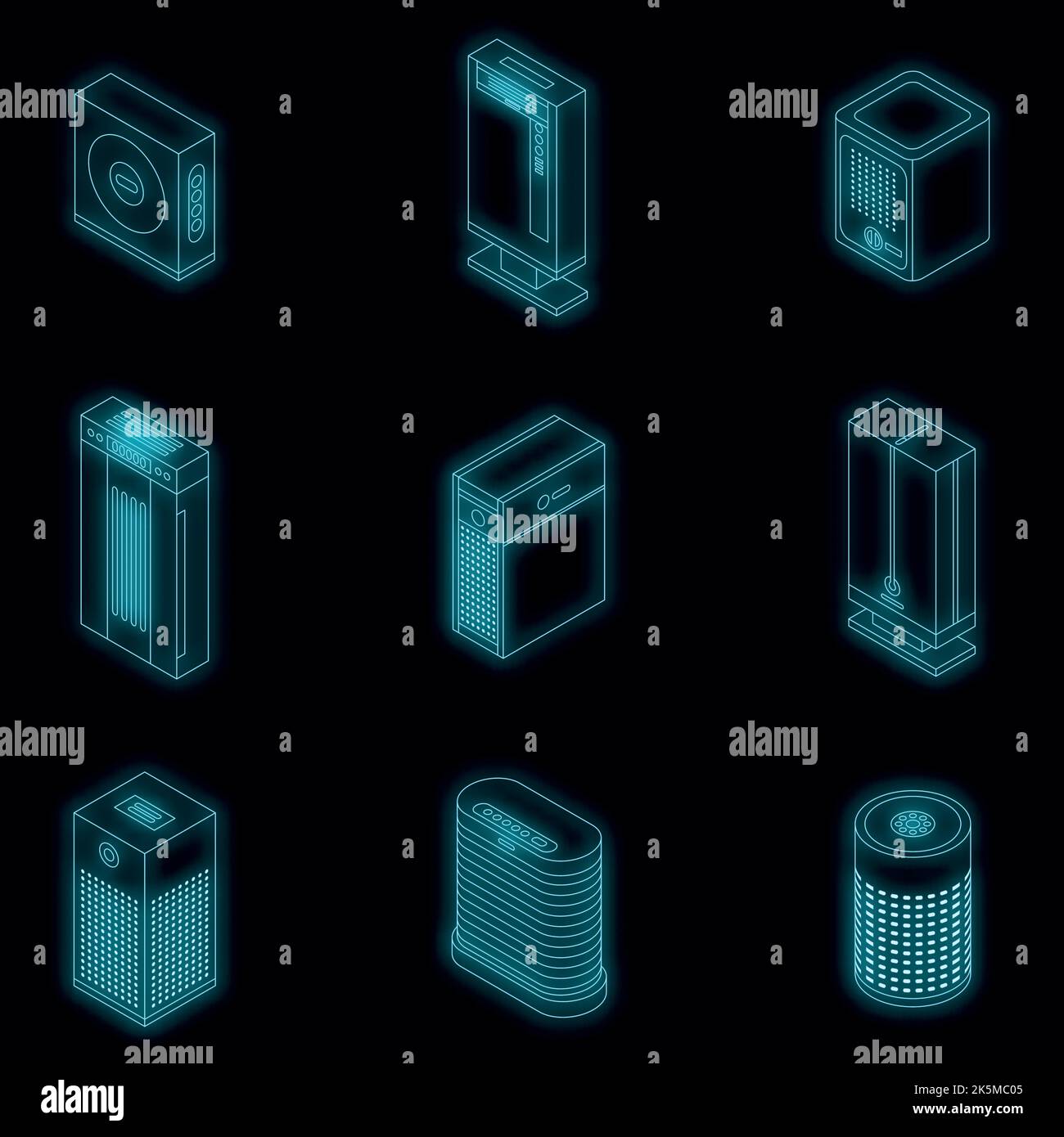 Air purifier icons set. Isometric set of air purifier vector icons neon ...