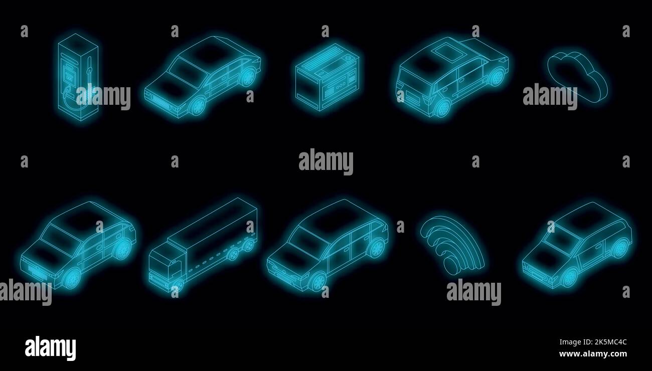 Hybrid icons set. Isometric set of hybrid vector icons neon color on ...