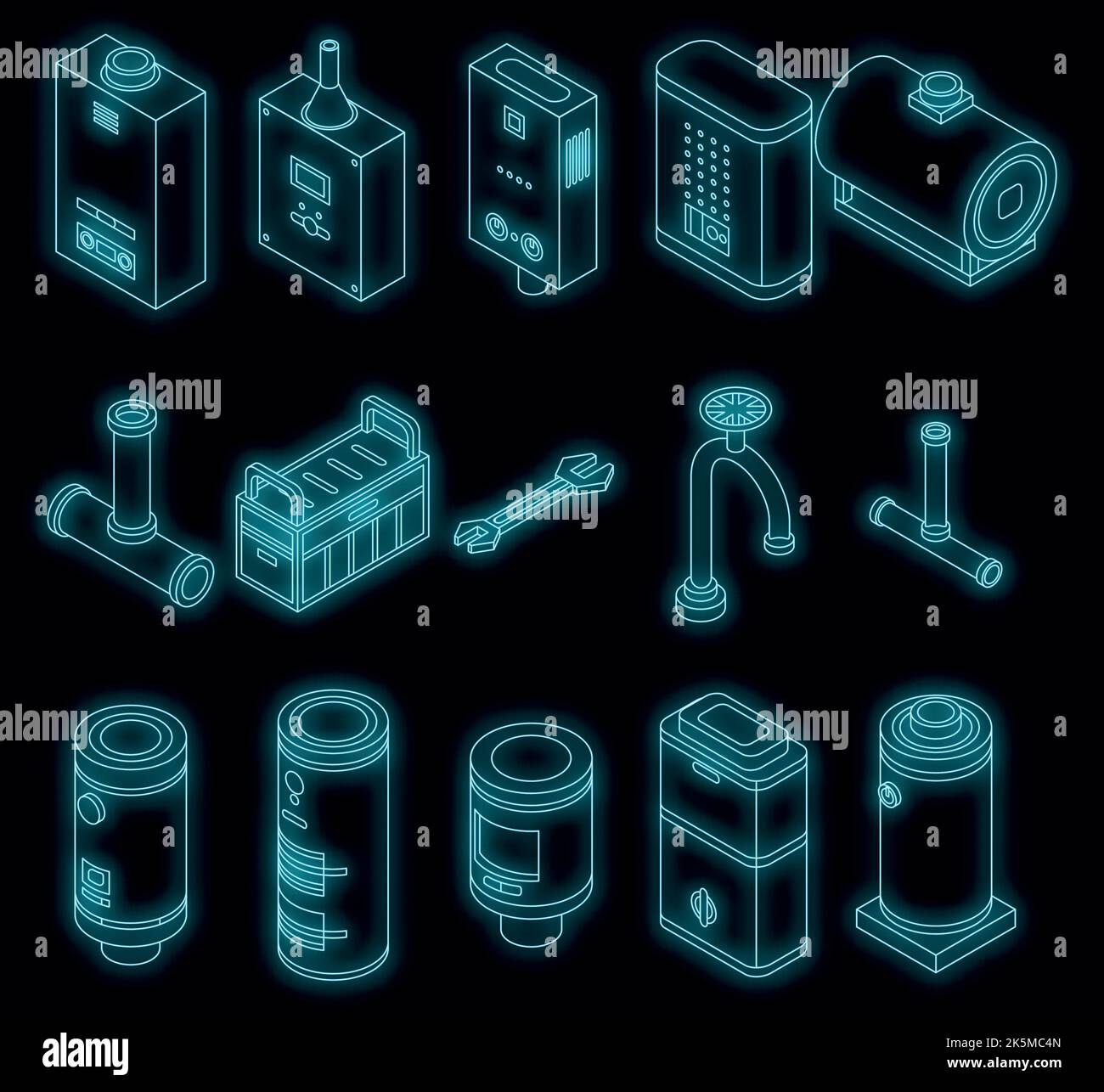Boiler icons set. Isometric set of boiler vector icons neon color on ...