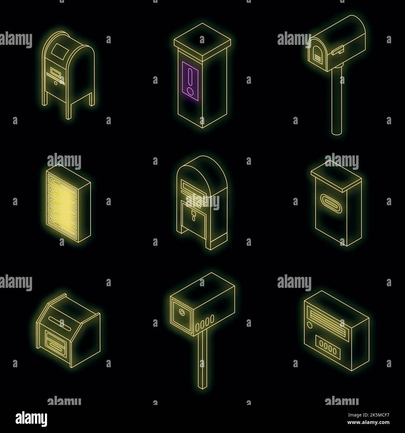 Mailbox icons set. Isometric set of mailbox vector icons neon color on ...