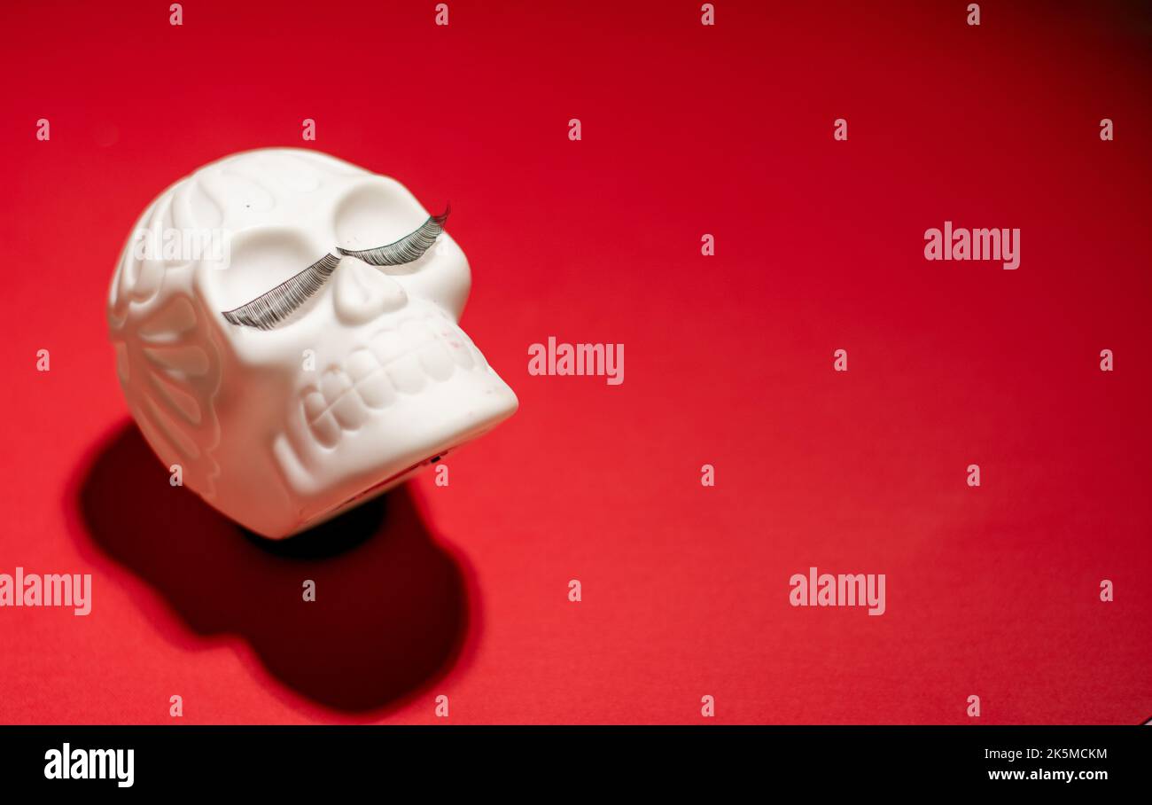Cheerful Human skull with eyelashes on a red background Stock Photo - Alamy