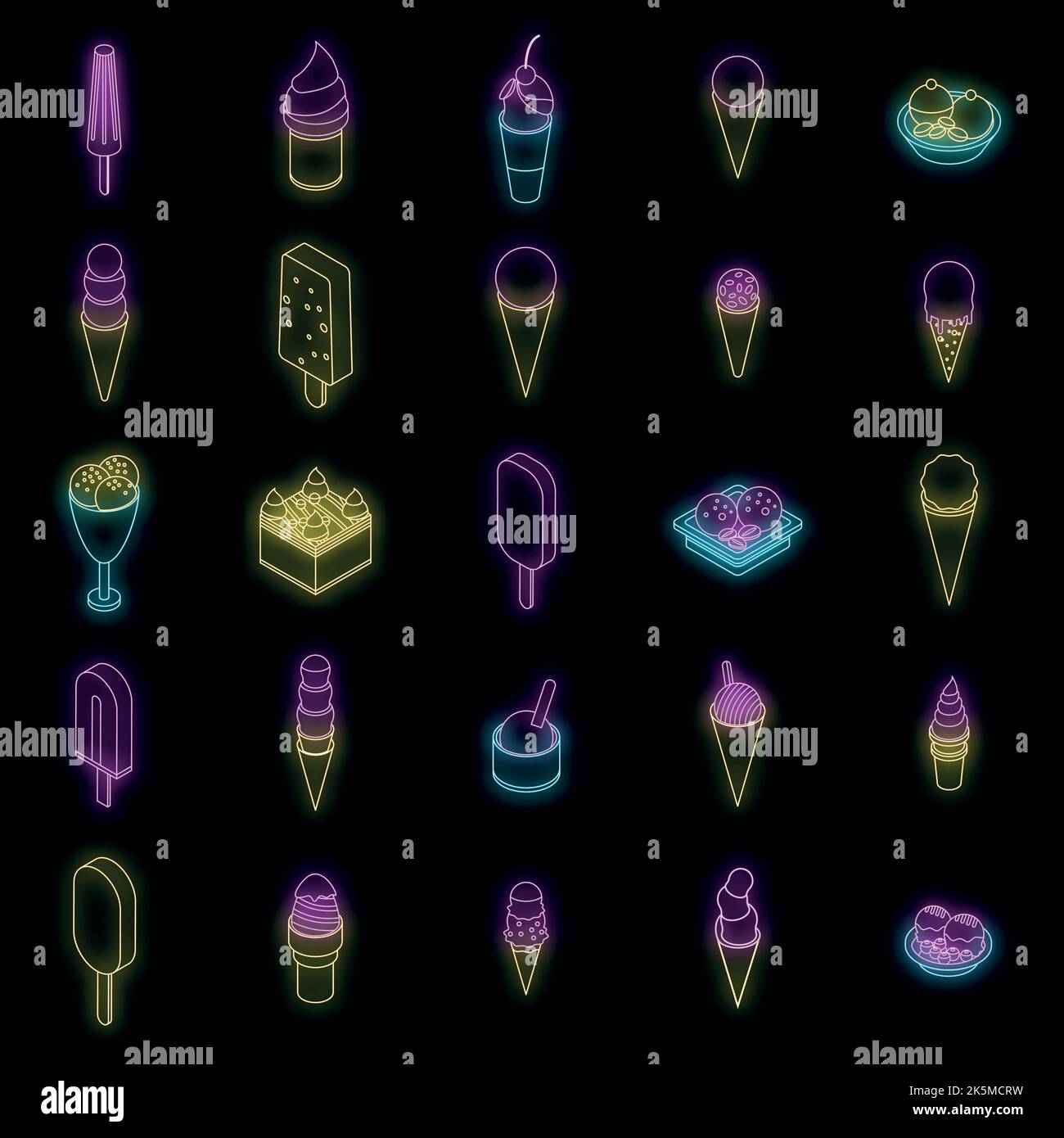 Ice cream icons set. Isometric set of ice cream vector icons neon color ...