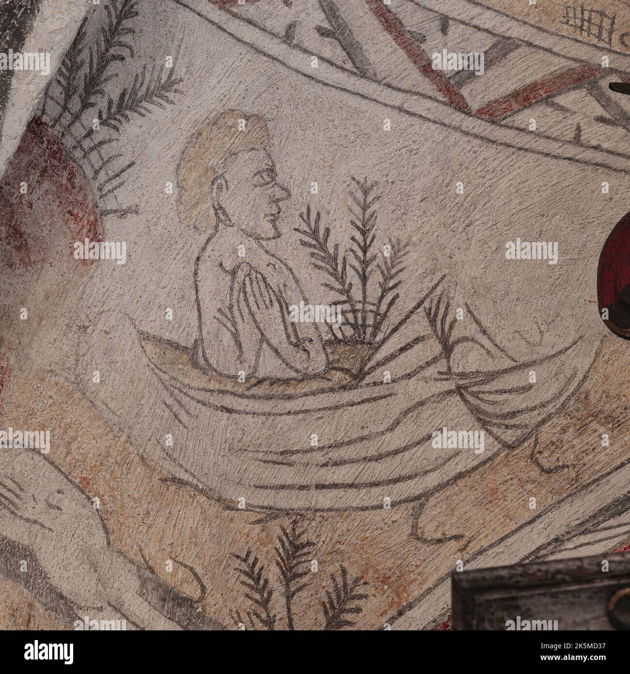 Man rising from the grave, an old fresco from the 1500s in Kirke ...