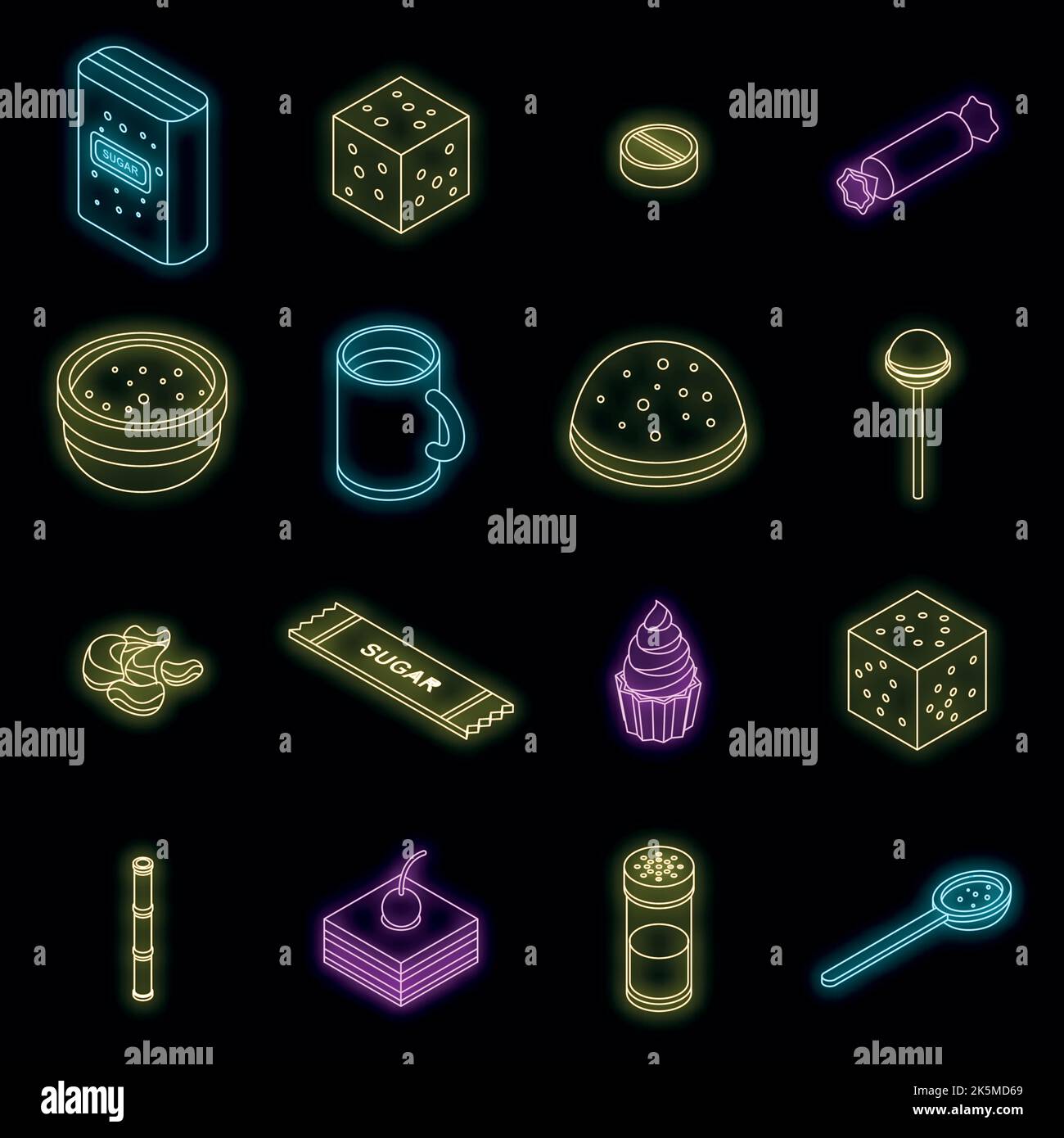 Sugar icons set. Isometric set of sugar vector icons neon color on ...