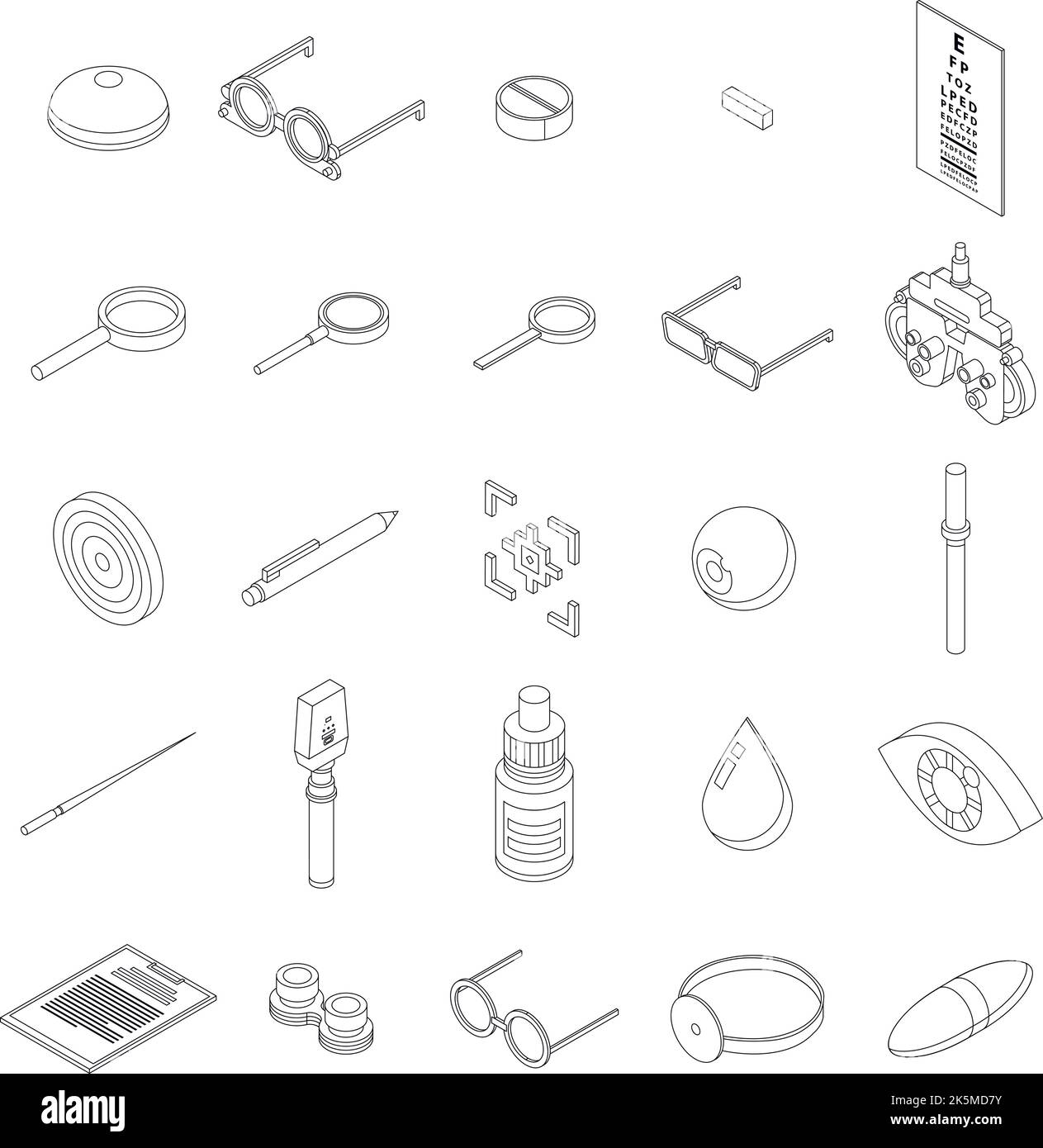 Eye examination icons set. Isometric set of eye examination vector icons outline thin lne ...