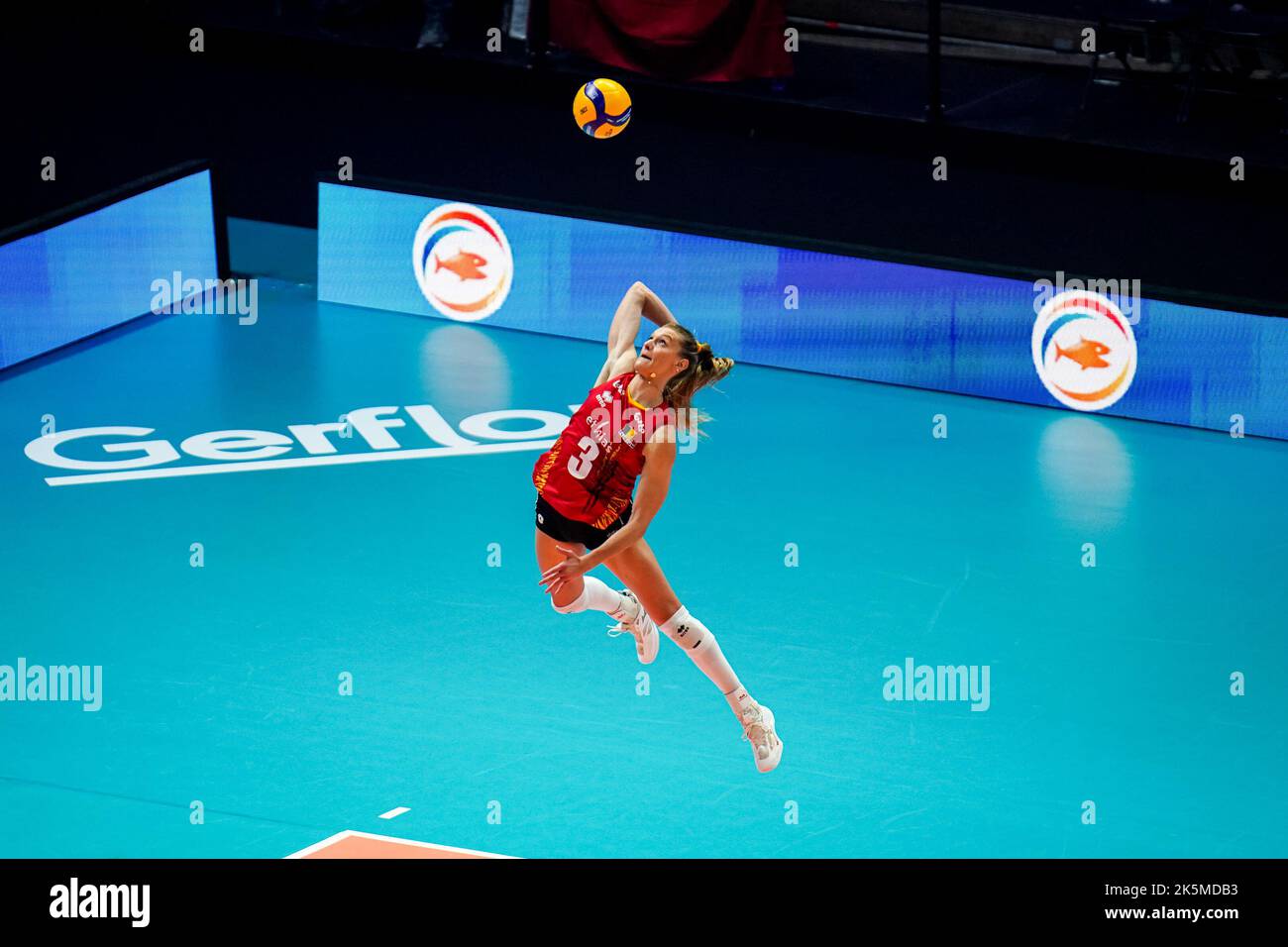ROTTERDAM, NETHERLANDS - OCTOBER 9: Britt Herbots of Belgium serves ...