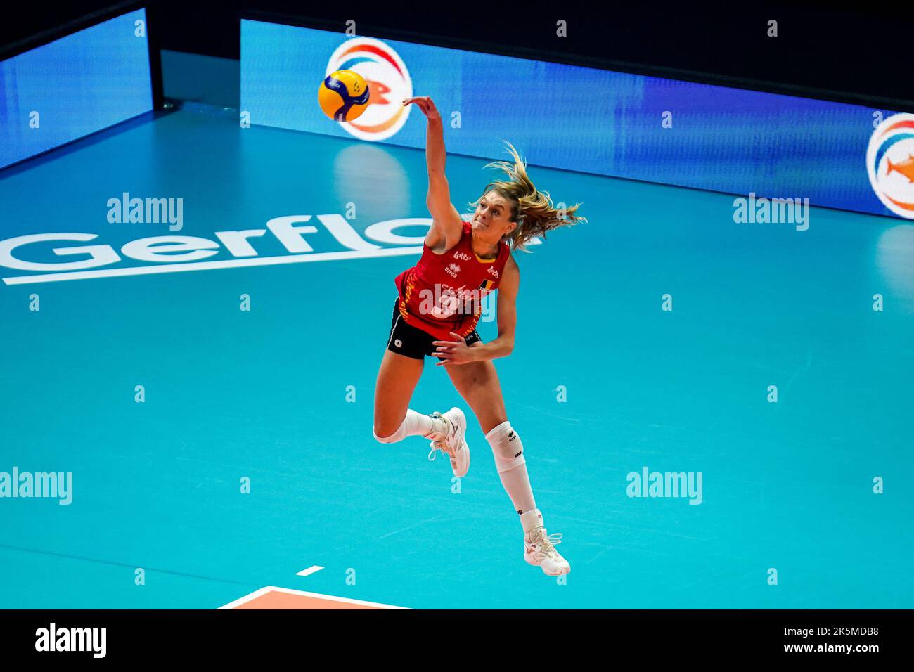 ROTTERDAM, NETHERLANDS - OCTOBER 9: Britt Herbots of Belgium serves ...