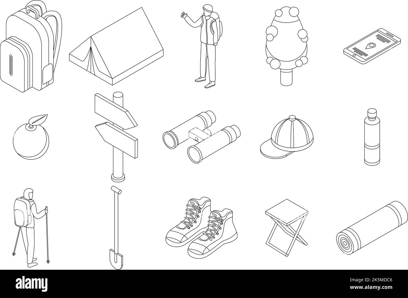Hiking icons set. Isometric set of hiking vector icons outline thin lne ...