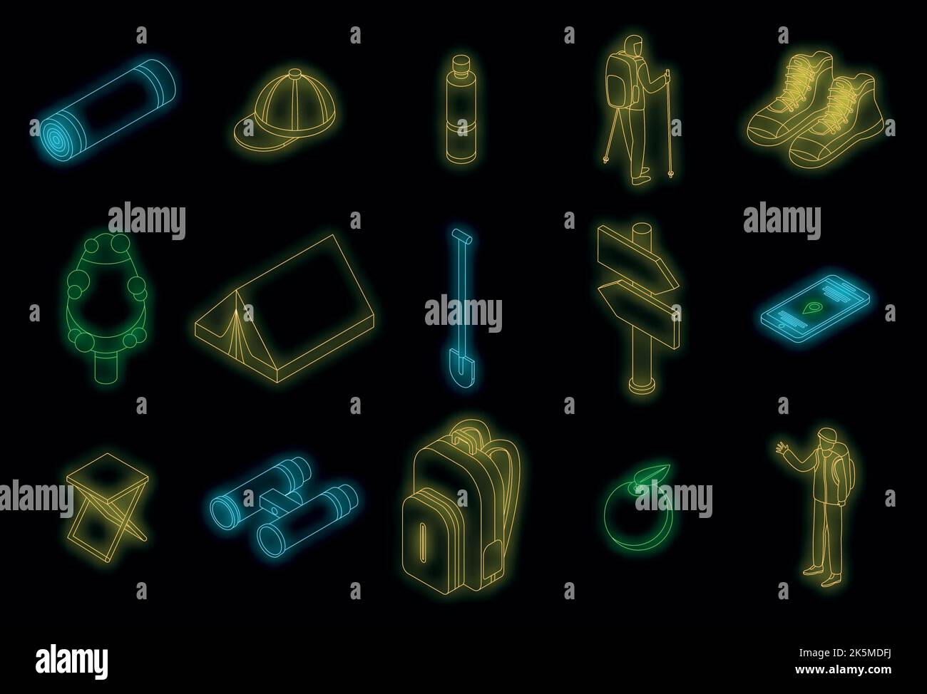 Hiking icons set. Isometric set of hiking vector icons neon color on ...
