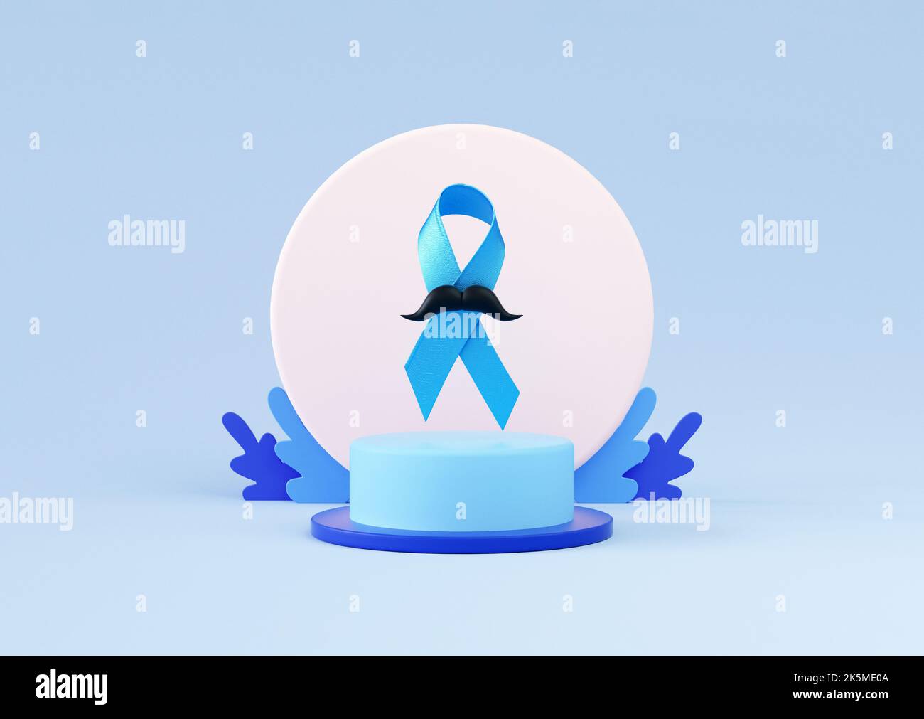 Blue ribbon with moustache on a stand and copy space isolated on a blue ...