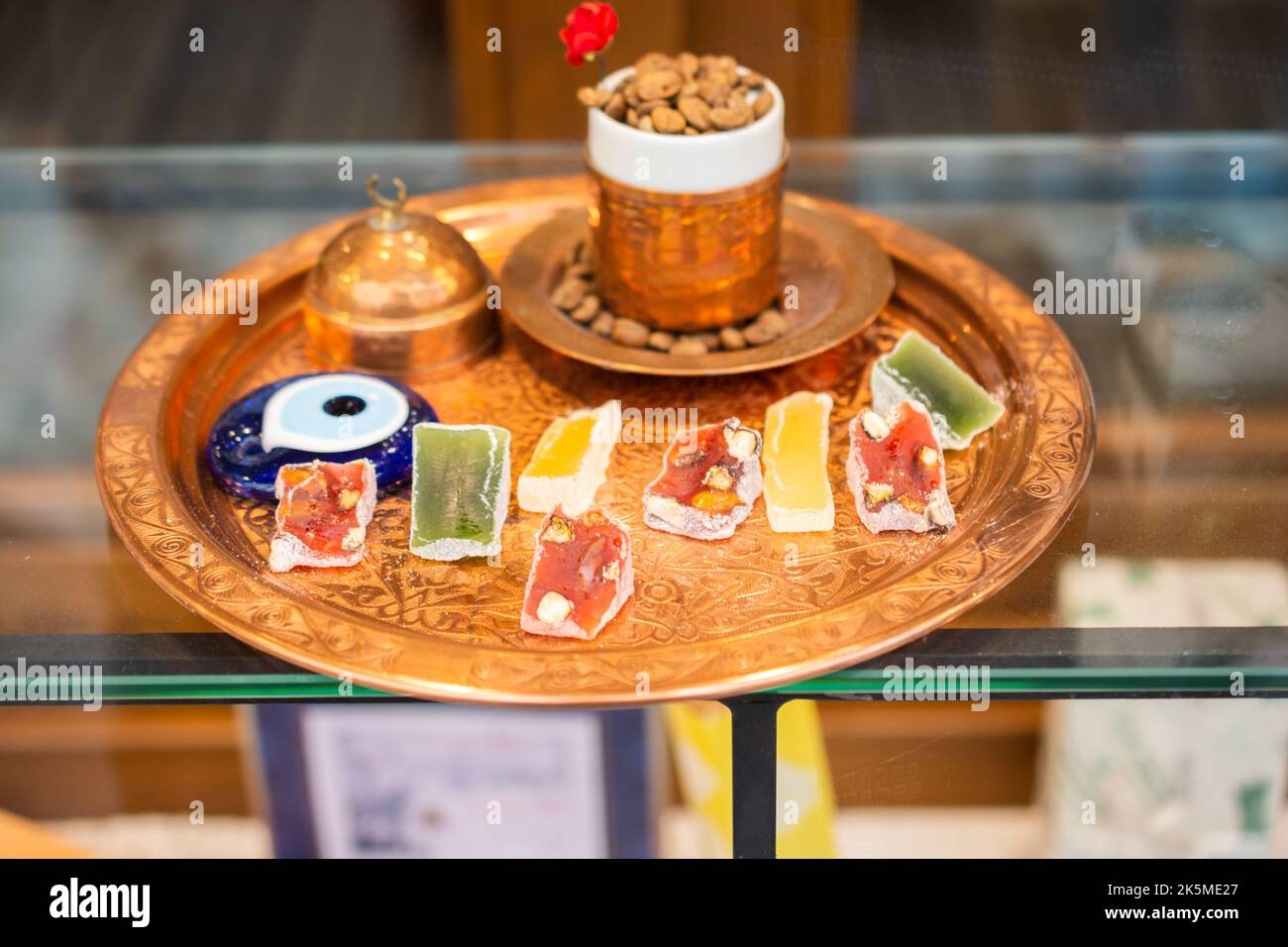 Coffee beans and Turkish delight in a tray Stock Photo - Alamy
